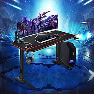 ARLIME Ergonomic Gaming Desk, T-shaped Computer Desk W/Full Desk Mouse Pad, Cup Holder & Headphone Hook, 2 Cable Management Holes, Gaming Workstation Desk for Office, Living Room