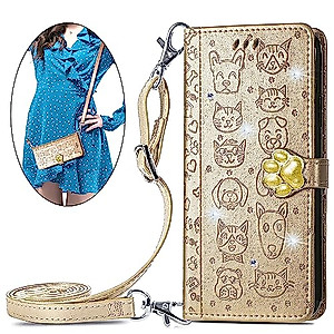 ONV Wallet Case Compatible with Samsung Galaxy S9 Plus - Adjustable Strap Sparkly Animal Leather Folio Cover Card Holder Anti-Shock Stand Magnet Flip Case for Samsung Galaxy S9 Plus [MG] -Gold