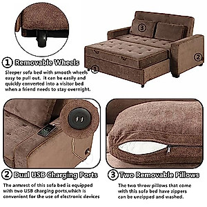 Gynsseh Convertible Sleeper Sofa Bed, 3 in 1 Pull Out Sofa Sleeper with Dual USB Ports and 2 Pillows, Velvet Upholstered Sleeper Loveseat Couch with Pull Out Bed, Full Size, S1-V-Brown