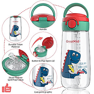 Bunnytoo Water Bottle for Active Children Over 2 Years with Soft Straw, Convenient Handle, and Spill-Proof Design 16oz (Dinosaur,Red)