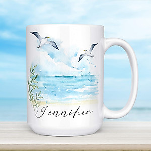 Watercolor Coastal Beach Scene Personalized Ocean Coffee Mug | Custom Name Microwave Dishwasher Safe Ceramic Cup
