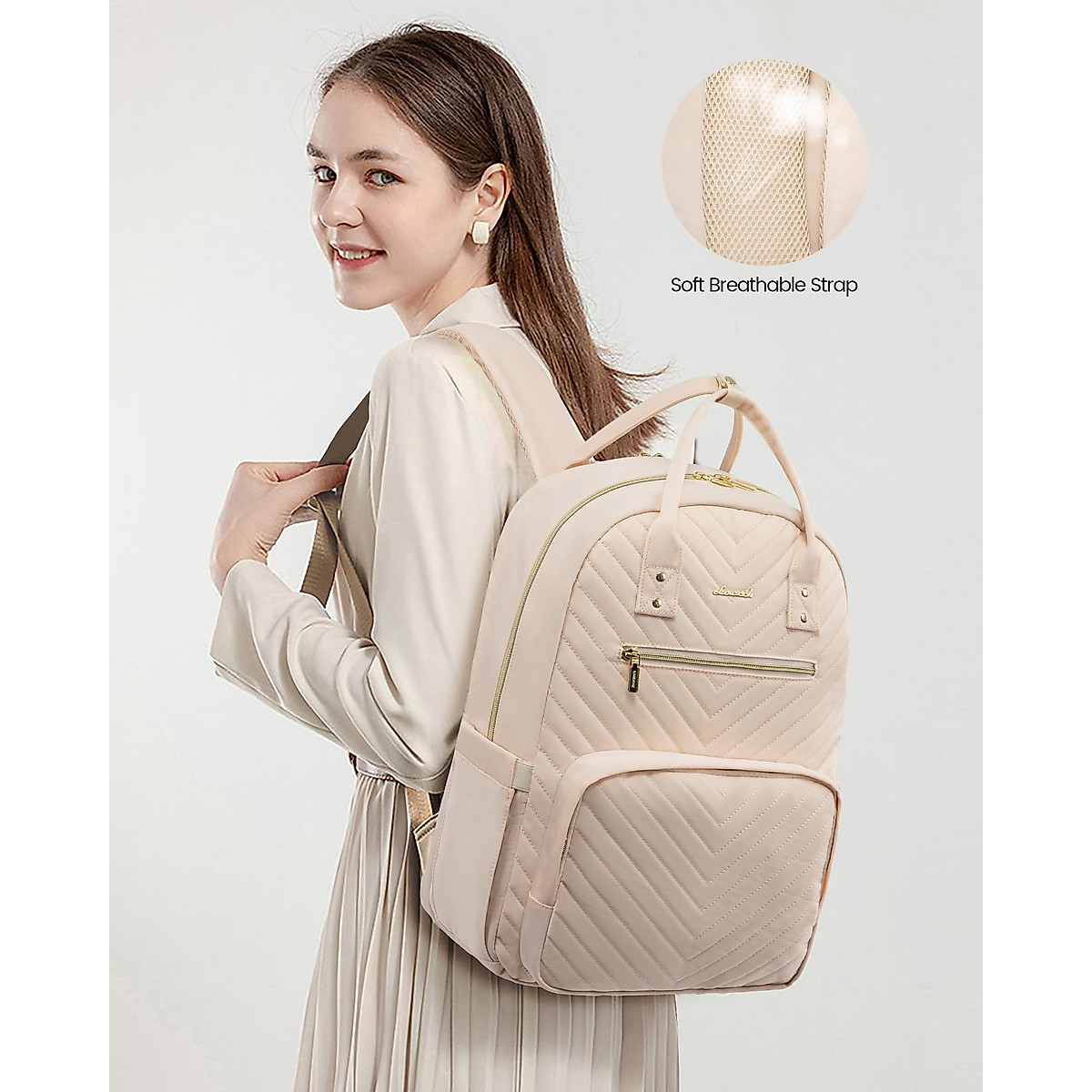 LOVEVOOK Laptop Backpack for Women, Large Capacity Travel Backpack with Luggage Strap, Stylish Women Backpack with USB Port, Waterproof Quilted Work Backpack for College Business 15.6 Inch, Beige