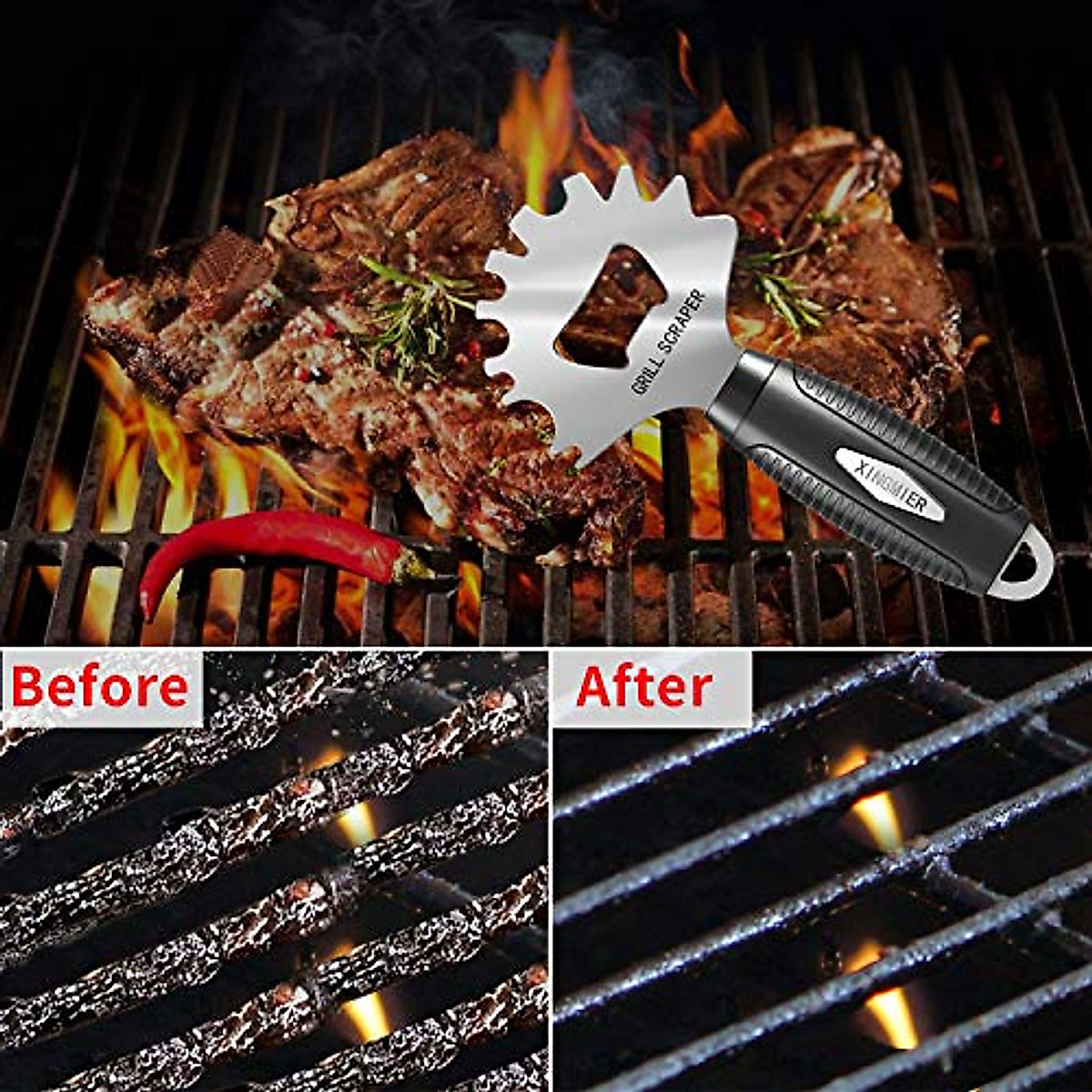 XIANGMIER Stainless Steel BBQ Grill Scraper- Grill Grate Cleaner- Barbecue Grill Brush Non-bristles Safer Than Wire Brush-Perfect BBQ Cleaning Tools-Works with Most Grill Grates (Black)