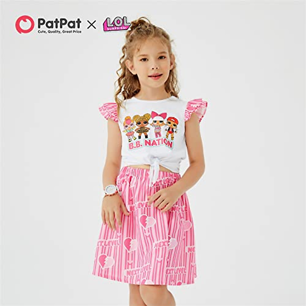 L.O.L. Surprise! Girls Skirt Set 2Pcs Kid Girl Graphic Print Tie Knot Ruffle Sleeve Cotton Tee and Allover Print Skirt Set PinkyWhite 9-10 Years