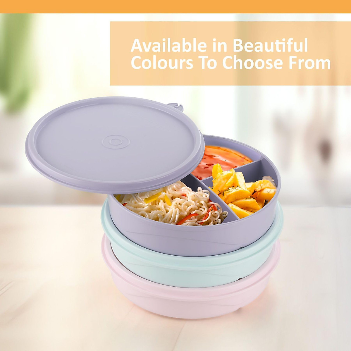 Snack Containers 3-Pack – 3-Compartment Round Snack Containers for Kids and Adults – Stackable Food Storage Containers with Lids – BPA-Free Dishwasher-Safe Snack Boxes for Kids Single Serving