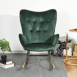 FurnitureR Rocking Wooden and Metal Rocker Glider, Scandinavian Fabric Armchair Comfy Side Living Room Bedroom Studio Leisure Office Accent Chair, Green