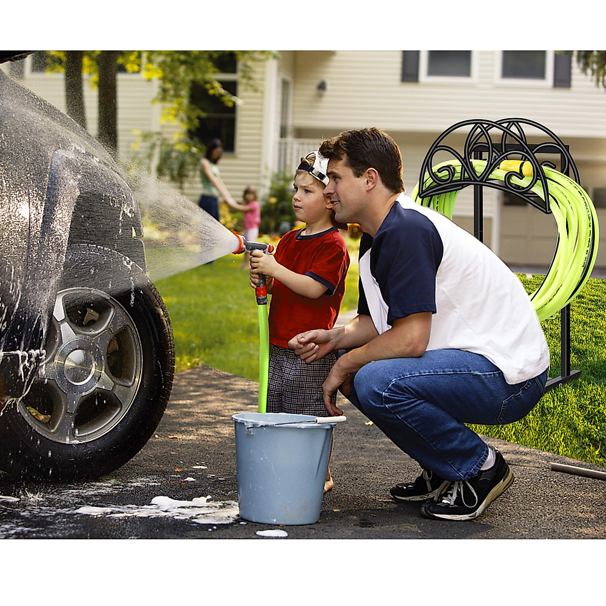 Garden Hose Holder with Hose Cover Detachable Water Hose Holder Sturdy Garden Hose Reel Decorative Free-standing Hose Hanger - 4 Solid Prongs for Outdoor Hose Storage- Fits 145- Feet of Hose