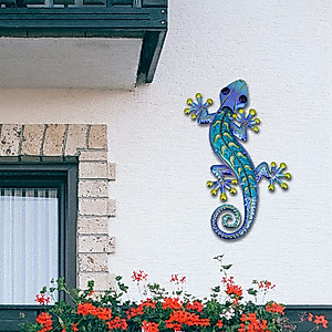 HONGLAND Metal Gecko Wall Decor Outdoor Indoor Lizard Art Sculpture Glass Decorations for Home (Blue&Purple)