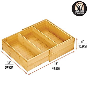 mDesign Bamboo Wood Expandable Deep Kitchen Drawer Organizer Tray Bin for Kitchen; Organize Drawers, Counters, Shelves; Holds Plasticware, Lids, Towels, Utensils; Home Sort Collection - Natural
