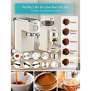 Gevi 20 Bar Compact Professional Espresso Coffee Machine with Milk Frother for Espresso, Latte and Cappuccino Burr Coffee Grinder with 35 Precise Grind Settings, Beige