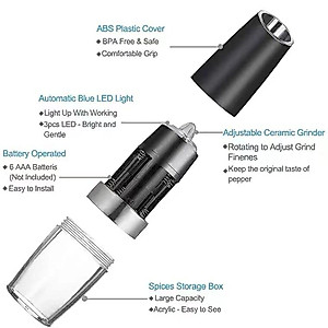 Electric Gravity Salt And Pepper Grinder Set Automatic Battery Powered With Led Light Adjustable Coarseness Stainless Steel Pack Of 2 (Black)