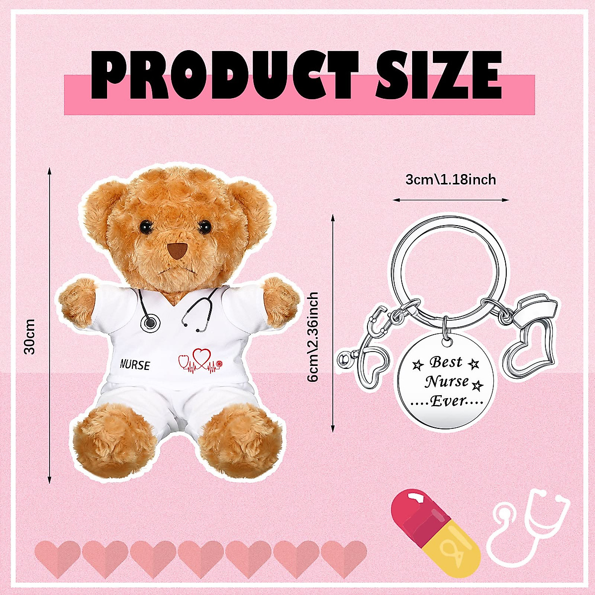 Hinly 2 Pcs Nurse Appreciation Gifts Nurse Bear Plush Toy Stuffed Animal Nurse Keychain Doctor Practitioner Graduation Gifts(White)