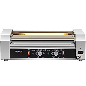 VEVOR Hot Dog Roller, 12 Hot Dog Capacity 5 Rollers, 750W Stainless Steel Cook Warmer Machine with Dual Temp Control, LED Light and Detachable Drip Tray, Sausage Grill Cooker for Kitchen Restaurant