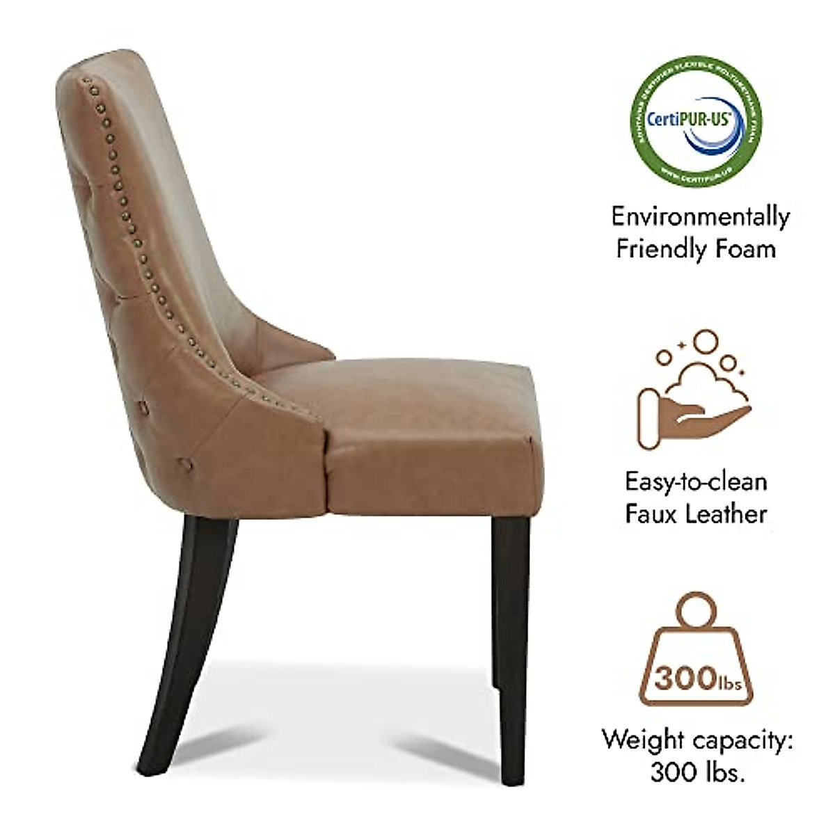 Watson & Whitely Upholstered Tufted Dining Chairs with High Back, Faux Leather Finish and Solid Wood Legs in Brushed Espresso, Set of 2, Saddle Brown