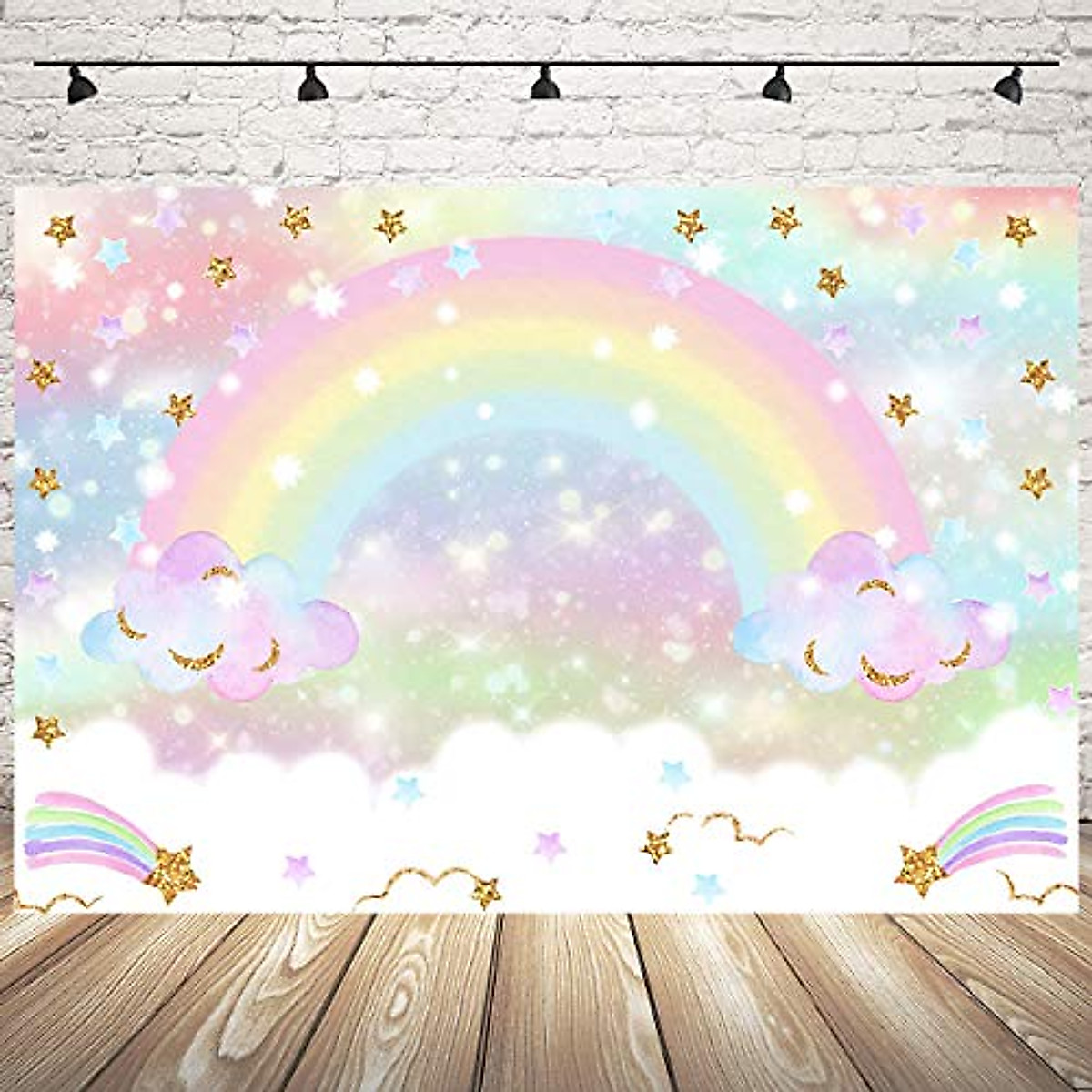 Mocsicka Rainbow Backdrop 7x5ft Pastel Rainbow Birthday Cloud Glitter Stars for Kids' Party Decorations Cake Table Banner Rainbow Baby Shower Photography Background