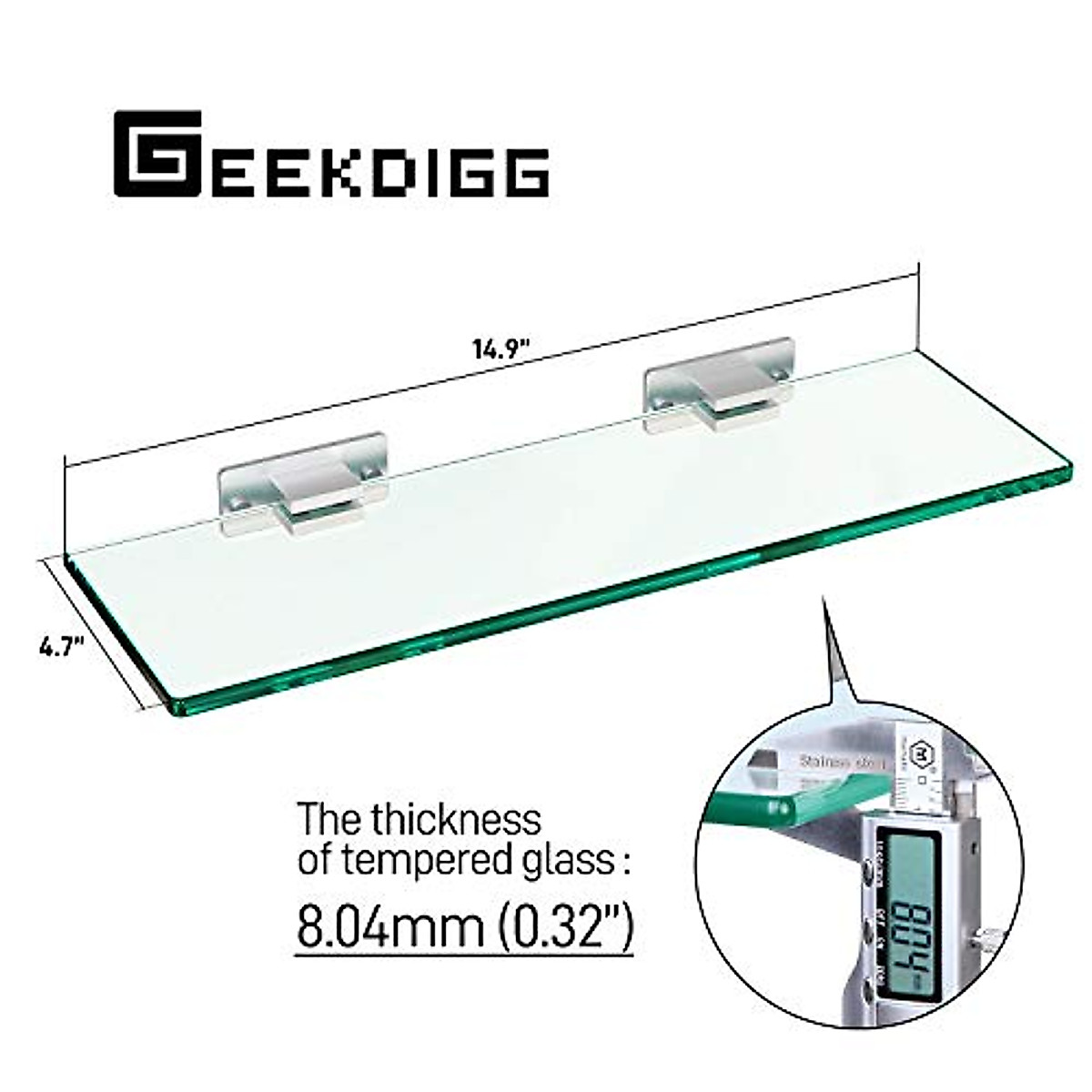 GeekDigg 2 Sets Glass Shelves for Bathroom, No Drilling Shower Caddy Glass Shelves for Wall Glass Bathroom Storage Organizer Shelf with Aluminum Bracket for Bathroom, Shower, Kitchen, Laundry