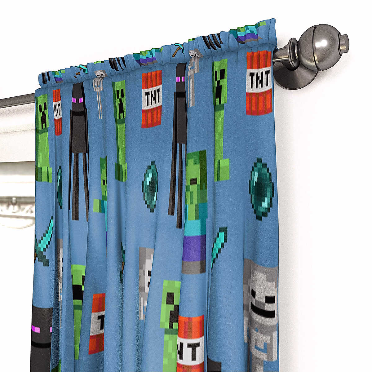 Jay Franco Kids Window Drapes - 4 Piece Curtain Set Includes 2 Tiebacks, Beautiful Bedding Room Décor and Easy Set Up, Blue - Minecraft, 63 Inch