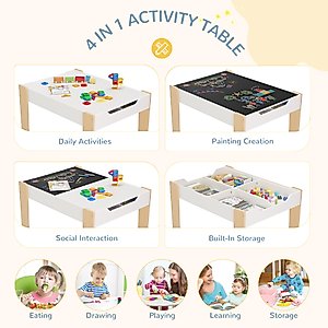 Curipeer 4 in 1 Kids Table and Chair Set, Table and Chairs for Toddlers 2-5 with 2 Reversible Blackboard, Children's Table with Storage for Activity/Play/Art/Read/Craft, White and Natural Color