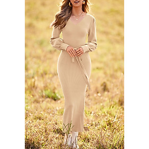 PRETTYGARDEN Women's Fall Knit Pullover Sweater Dress Elegant Long Lantern Sleeve V Neck Winter Maxi Bodycon Dresses (Apricot,Medium)