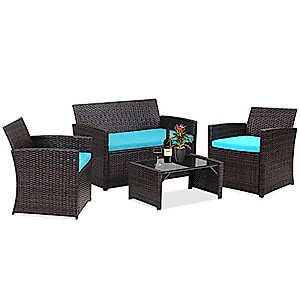 Saemoza 4 Pieces Outdoor Patio Furniture Set, Outdoor Wicker Rattan Patio Furniture with Tempered Glass Tabletop Clearance（Blue）