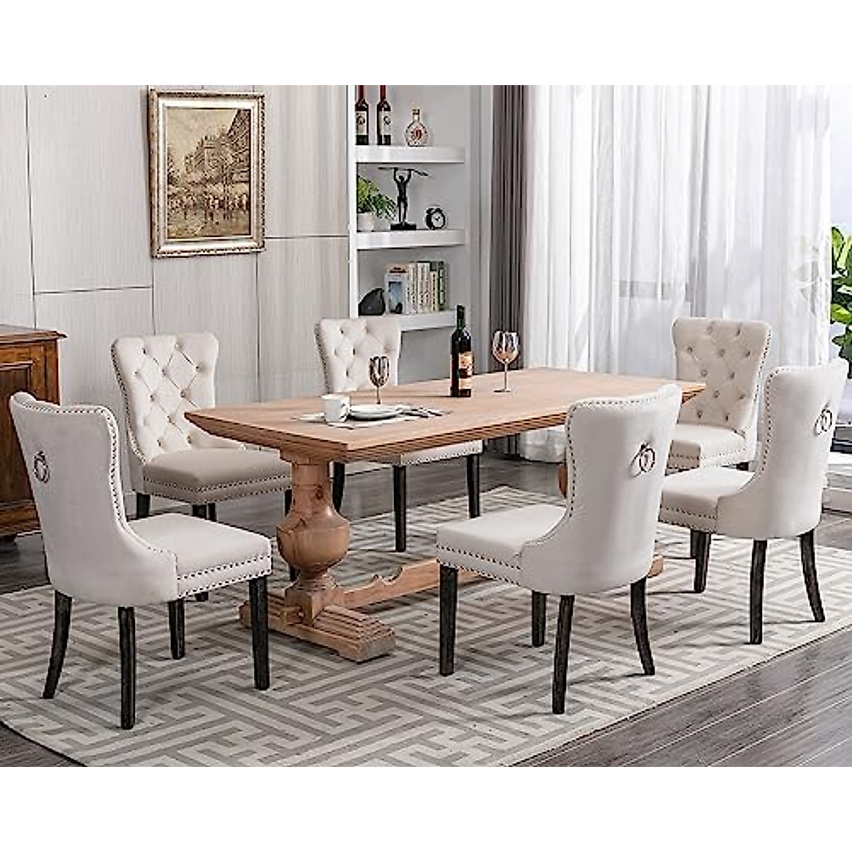 KCC Velvet Dining Chairs Set of 4 (Renewed), Upholstered High-end Tufted Dining Room Chair with Nailhead Back Ring Pull Trim Solid Wood Legs, Nikki Collection Modern Style for Kitchen, Beige