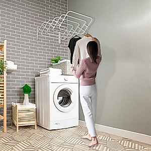 SOH DESIGN Steel Wall Mount Clothes Drying Rack, White Powder Coated, 9 Rods Expandable, for Laundry, Bathroom, Balcony,Indoor-Outdoor Use, 24 in Wide