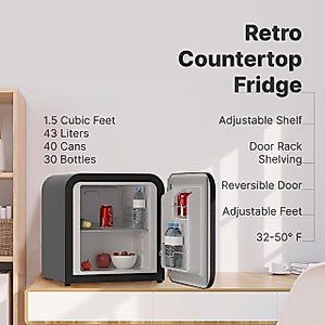 Husky Retro Mini Refrigerator with 1.5 Cu.ft./43L Capacity, Countertop Black Mini Fridge with Reversible Door, Retro Mini Fridge, Freestanding Retro Small Fridge for Bedroom, Bar, and Office