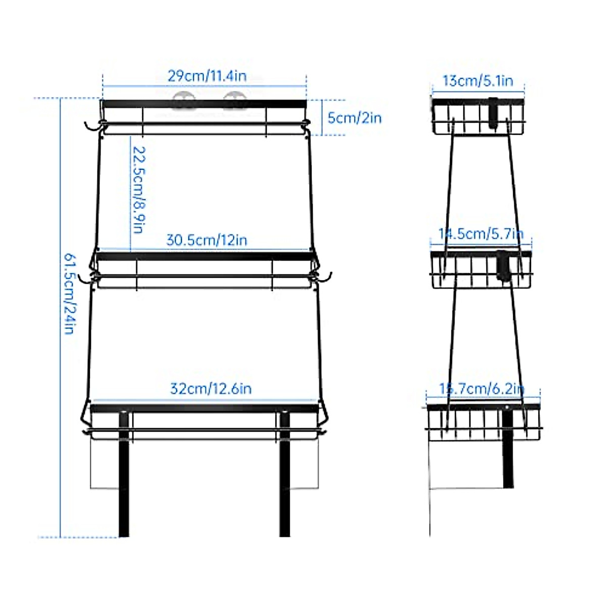 NiHome 3-Tier Metal Over-The-Toilet Bathroom Organizer with Hooks, Wall-Mounted Space-Saving Design, No-Drill Installation, Easy Assembly - Black
