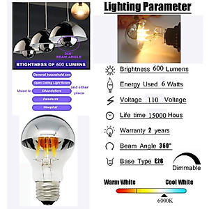 Edearkar A19 Half Chrome Light Bulb 6W Dimmable, E26 Base Daylight White 6000K 60W Equivalent 600lm Decorative Silver Mirror LED Edison Bulb for Indoor Living Room, AC110V, E26 Base, Pack of 4
