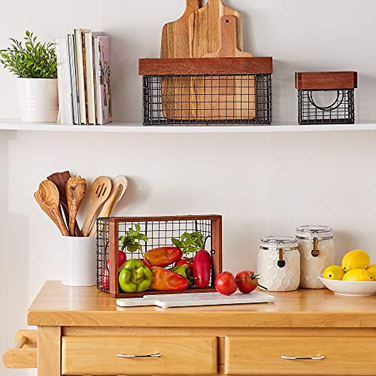 DII Farmhouse Wood Rimmed Wire Storage Basket Set, Bronze, Assorted