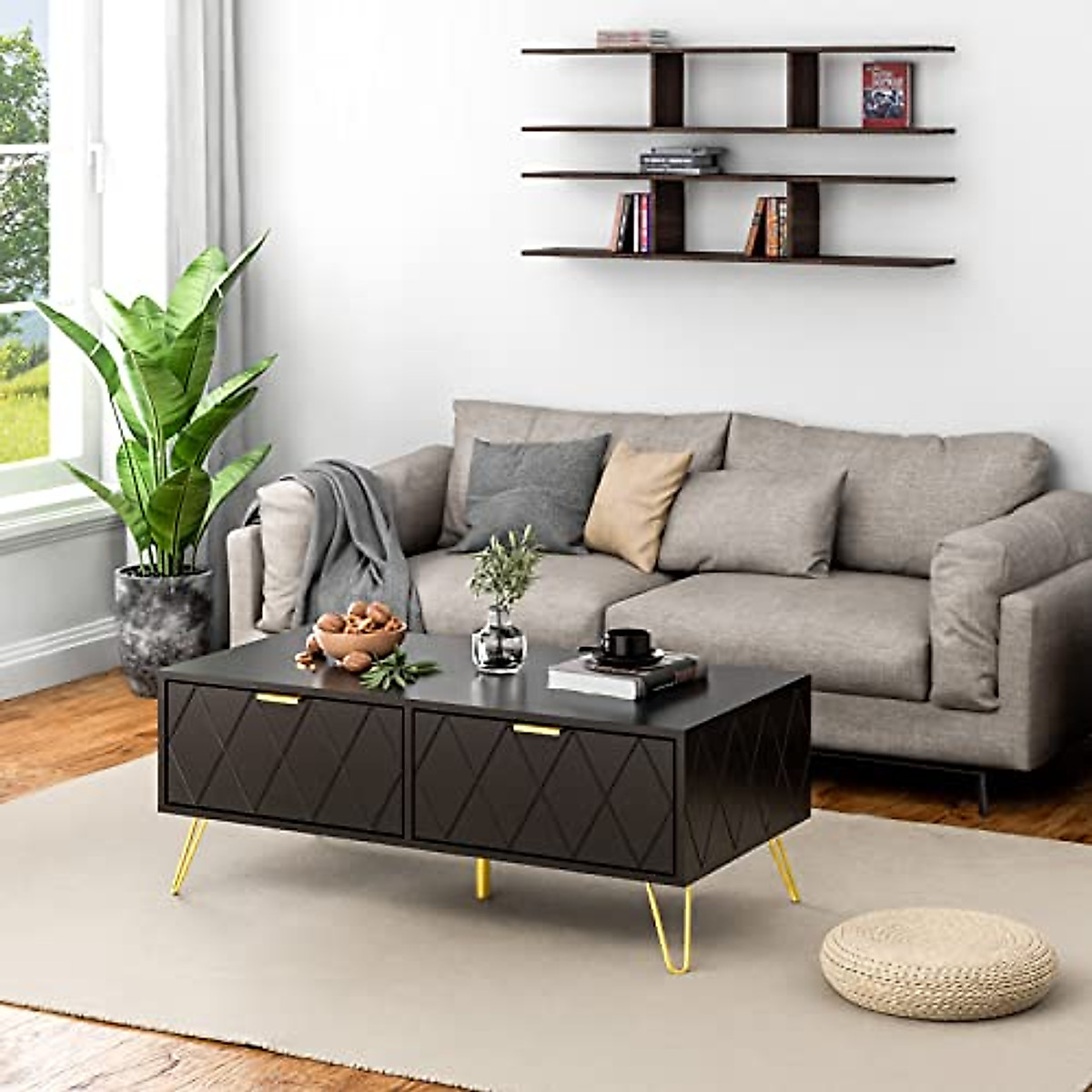 Scurrty 39.4'' Coffee Table with Large Drawers & 2 Open Storage Shelves, Black Modern Coffee Tables with Gold Metal Handles for Living Room, Bedroom and Study (Black)