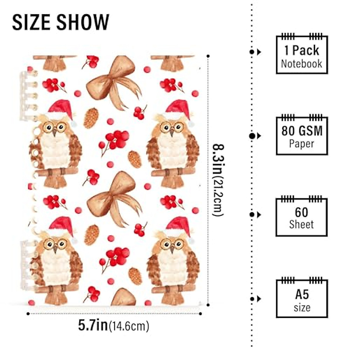 SPRIPORT Christmas Hat Owls Spiral Journal Notebook for Women Men A5 Memo Notepad Sketchbook with Durable Hardcover & 60 Pages Diary Spiral Book for Boys Grils Study Notes Work School Journaling