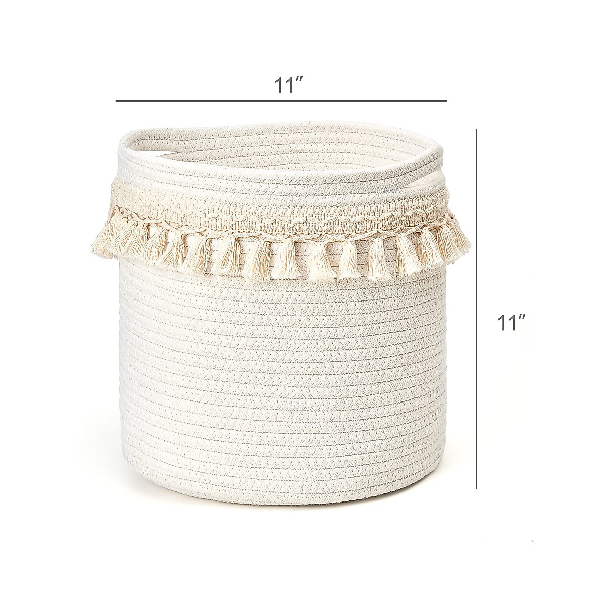 Mkono Macrame Decorative Cotton Rope Basket Boho Nursery Decor Small Cute Woven Tassel Closet Storage Bins Organizer for Baby Toys,Magazines, Potted Plants Cover,Living Room,Bedroom, 11"x11"