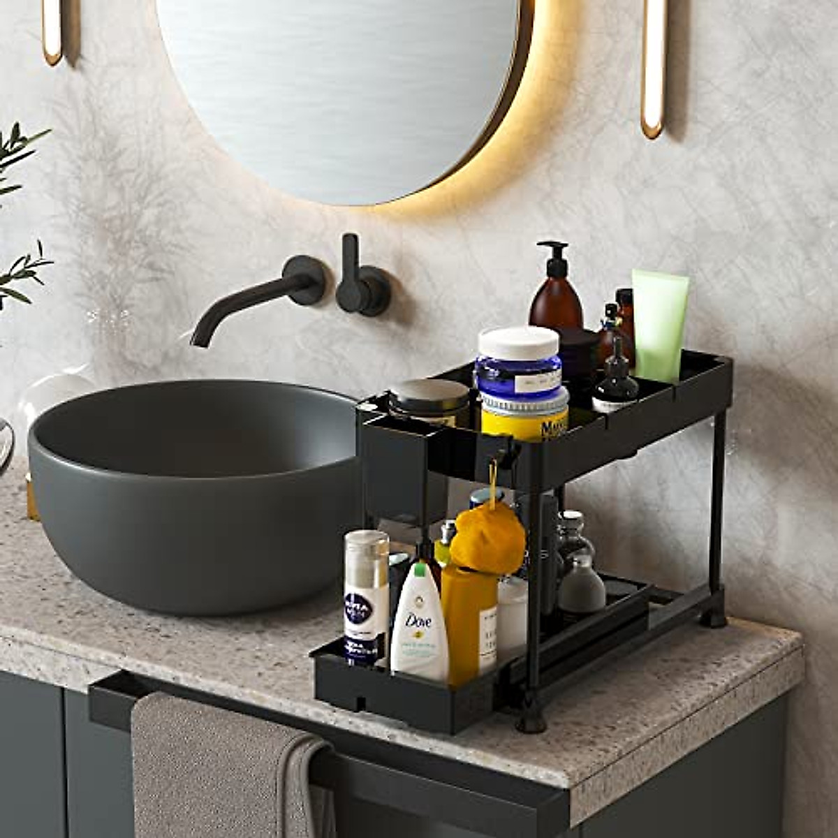 R RUISHENG Mothers Day Gifts Under Sink Organizer, 2 Tier Bathroom Storage Shelf with Hooks for Kitchen, Under Sliding Cabinet Organisation Basket, Multi-Purpose Cleaning Supplies Holder