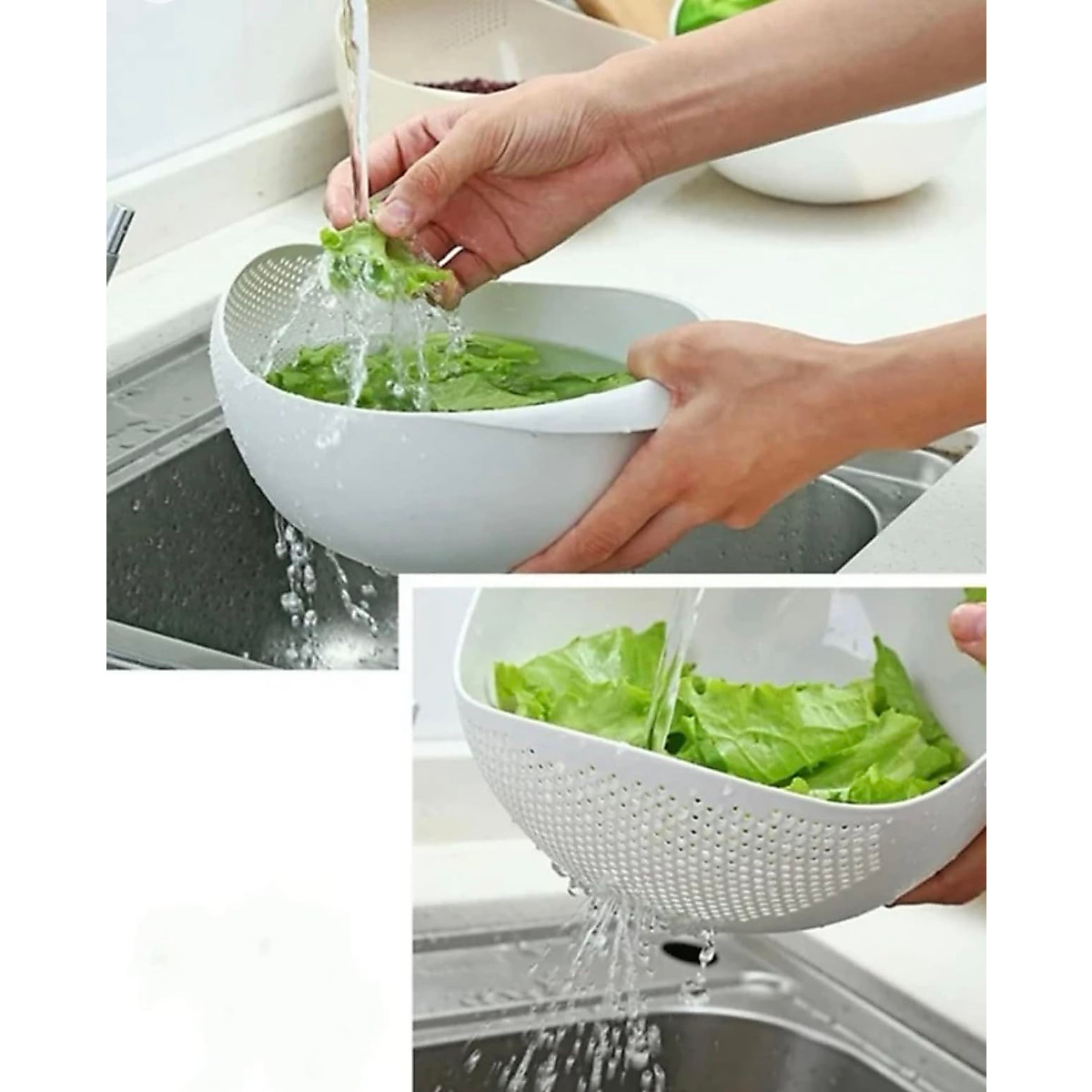 2-In-1 Rice Strainer, Beans Washer Strainers and Colanders - Washing Bowl for Vegetables and Fruits (white)