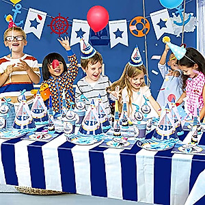 peony man 4 Pieces Blue and White Striped Tablecloth Nautical Blue Plastic Table Cover Waterproof Disposable Rectangle Tablecloth for Party Kitchen Dining Table Decor
