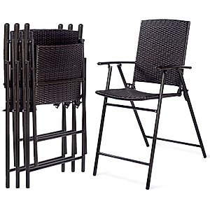 RELAX4LIFE Folding Bar Stools Set of 4 - Rattan Bar Chairs w/Back, Metal Frame, Armrests & Footrest, Indoor Outdoor Counter Height Chairs for Kitchen Backyard Garden Patio, Portable Wicker Barstools