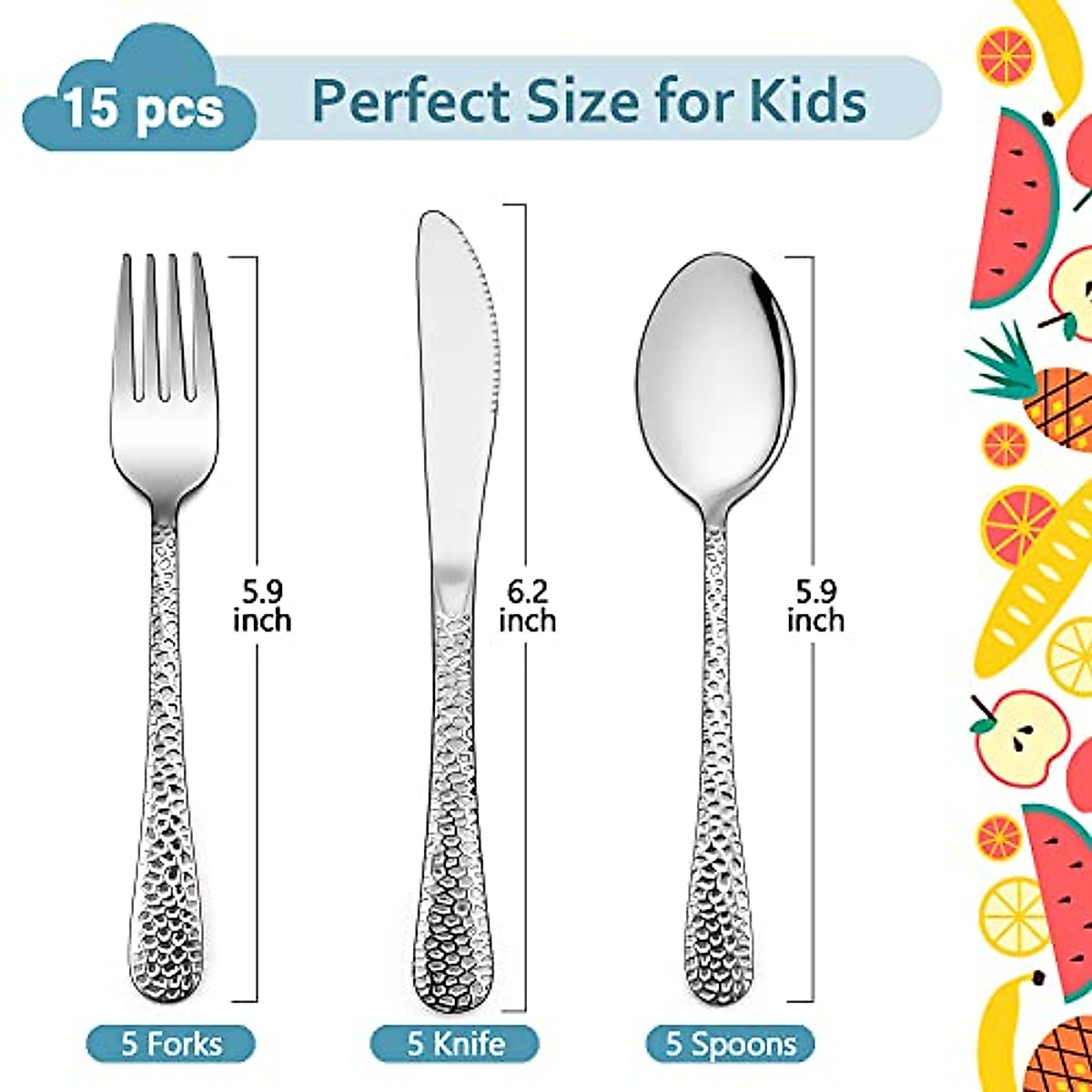 LIANYU 15-Piece Kids Utensils Silverware Set, Stainless Steel Toddler Hammered Flatware Cutlery, Children Tableware Includes Knives Forks Spoons, Dishwasher Safe