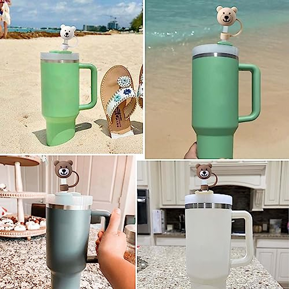 AIERSA Straw Cover for Stanley Cup,3Pcs Bear Straw Covers Compatible with Stanley 30&40oz and Simple Modern with Handle Tumbler with Handle,Silicone Straw Topper Caps for Stanley Cups Accessories