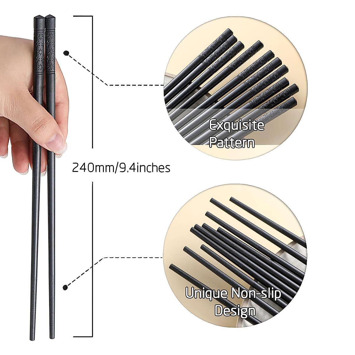 200 Pairs Fiberglass Chopsticks Reusable Chopsticks Dishwasher Safe 9.4 Inches/24cm Non-Slip Japanese Style Sushi Chop Sticks, Black