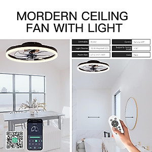 STERREN 20'' Modern Low Profile Ceiling Fan with Light, Bedroom LED Ceiling Fan with Remote Control, Bladeless Flush Mount Black Fan Lights Ceiling Fixtures for Living Room,Small Room