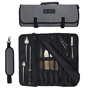 Asaya Chef Knife Roll Bag - 20 Total Pockets for Knives and Kitchen Utensils - Made with Stain Resistant Waxed Nylon - For Chefs and Culinary Students - Knives Not Included(Grey)