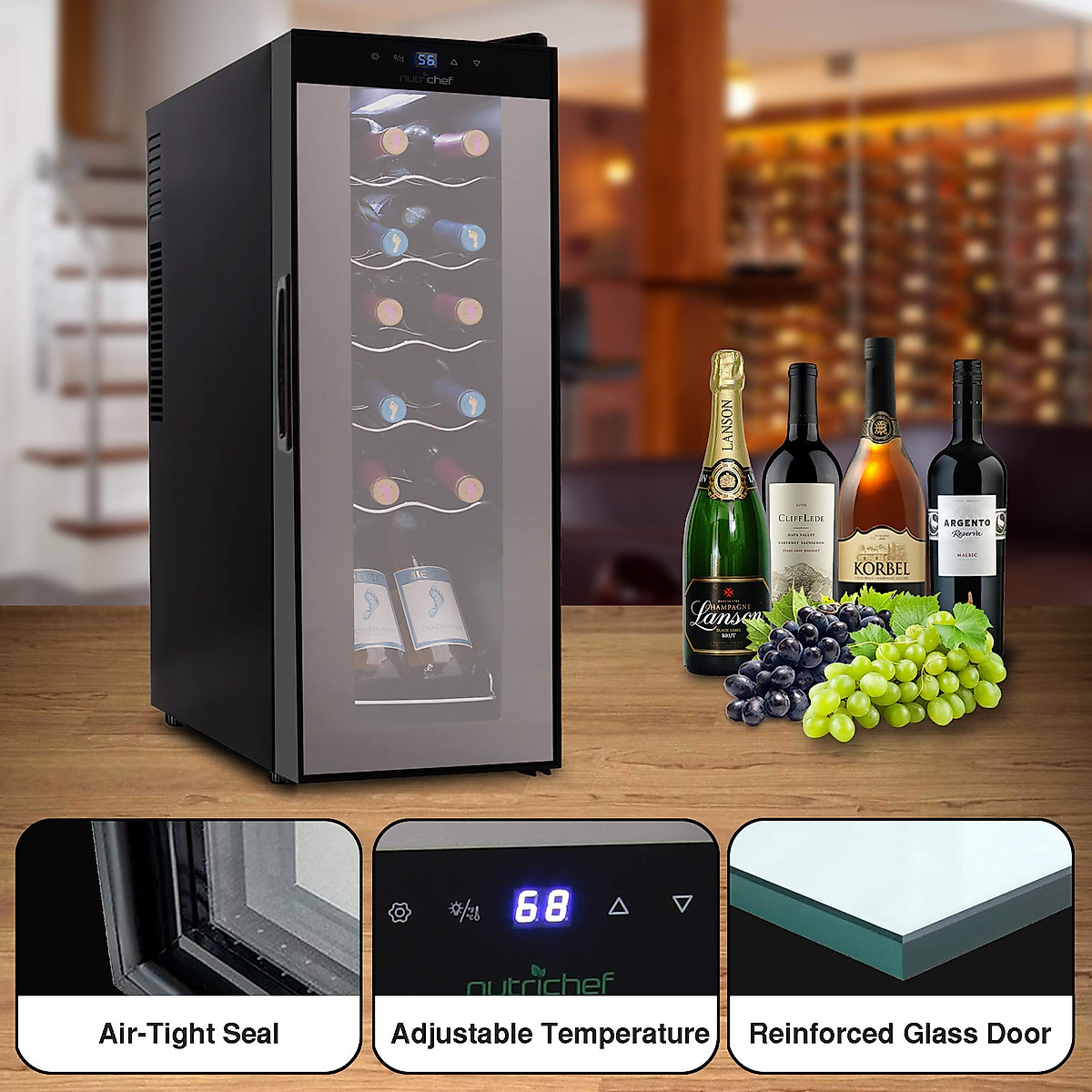 NutriChef PKCWC120 White & Red Cooler-Freestanding Countertop Compact Mini Wine Fridge Chiller 12 Bottle Capacity, Digital Control, Glass Door, Black
