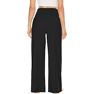 UEU Womens Smocked Ruffle High Waisted Wide Leg Pants Casual Loose Yoga Sweatpants Lounge Pajamas with Pockets Black