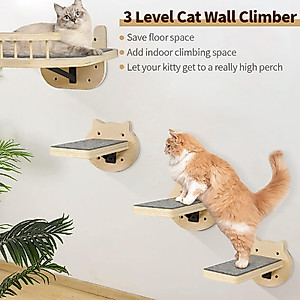 Cat Wall Shelves, Cat Shelves and Perches for Wall, Wood Cat Shelves Wall Mount, Cat Wall Furniture with 3 Cat Wall Steps Cat Scratch Post, Burlywood Indoor Cat Climbing Shelf for Living Room, Bedroom