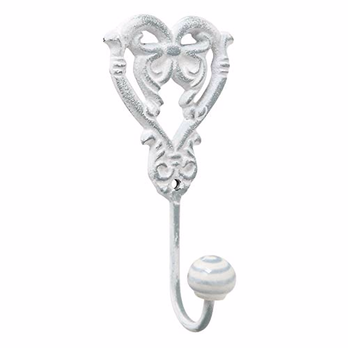 Romantic Chateaux Wall Hooks, Set of 3, Shabby French Country Style, Rustic White Finish, Cast Iron, Vintage Inspired, Striped Porcelain Caps, Each 2 3/4 L x 1 1/2 W x 5 1/2 H inches