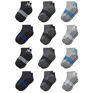 New Balance Baby Boys' Socks - 12 Pack Quarter Cut Non-Skid Gripper Socks (Infant/Toddler), Size 2-4T, Grey