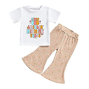 Toddler Baby Girl Easter Outfit Short Sleeve Bunny Rabbit Cotton T-Shirt Casual Floral Bell Bottoms Flare Pants (Khaki,6-12 Months)