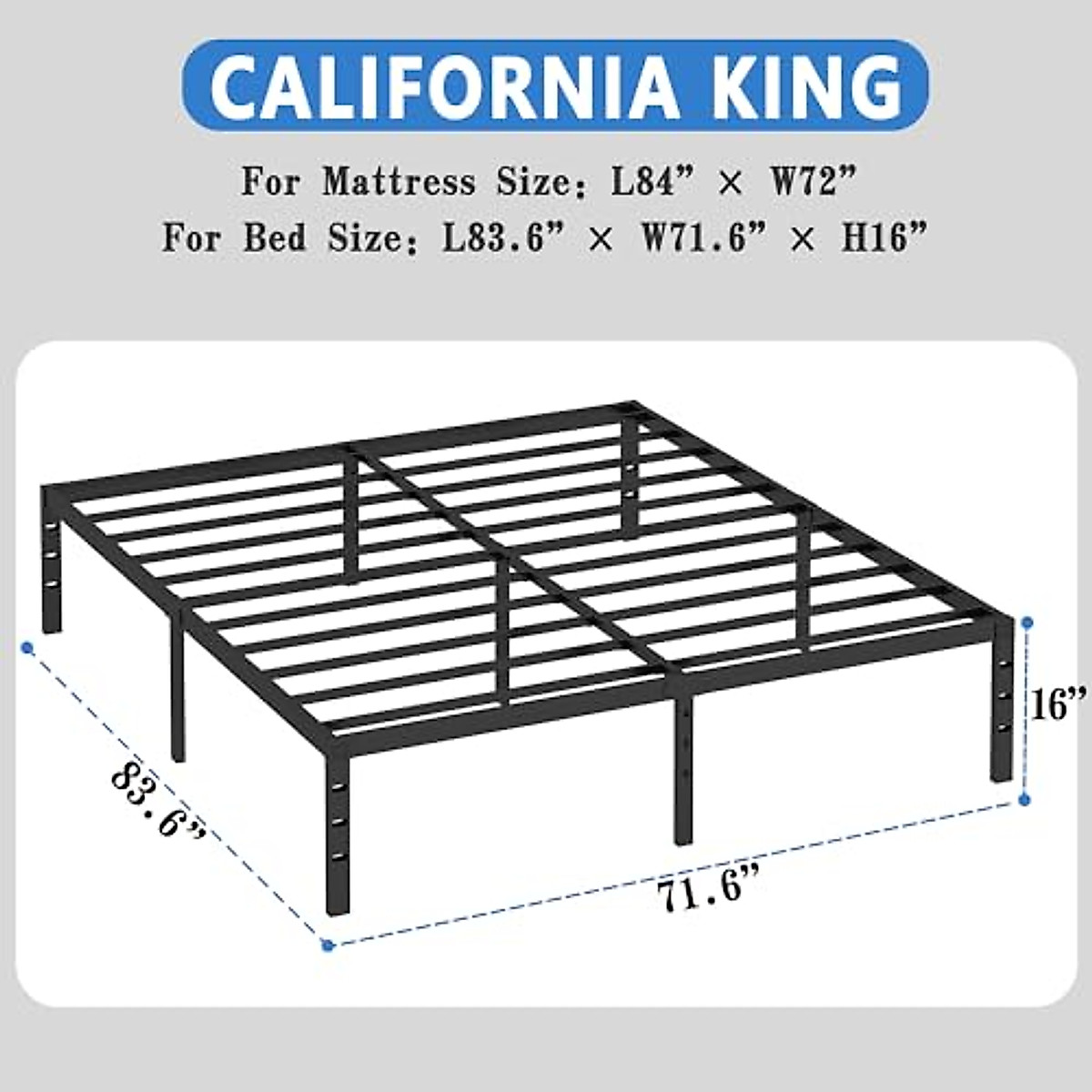 HLIPHA California King Size Metal Platform Bed Frame with Heavy Duty Metal Slat Support,16" Height Easy Assembly Mattress Foundation,No Box Spring Needed,Black