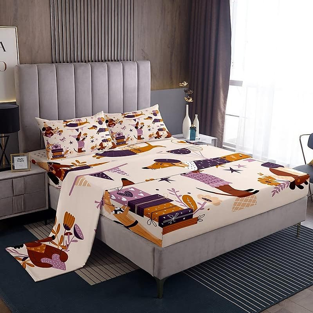 Dachshund Kids Sheet Set Sausage Dog Bed Sheets Set for Boys Children Teens Bedroom Decor Cute Puppy Dog Sheets with Deep Pocket Fitted Sheet Happy Festival Bedding Set Queen Size with 2 Pillow Case